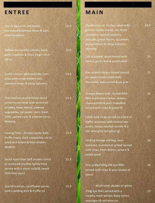 Menu at The Grange Golf Club, Grange