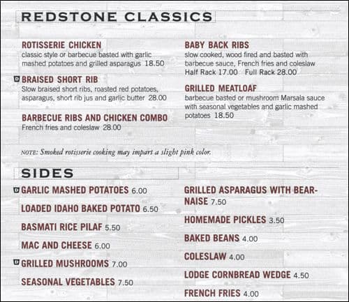 Menu at Redstone American Grill restaurant, Oakbrook Terrace