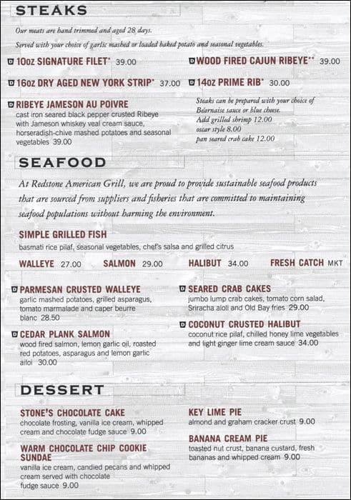 Menu at Redstone American Grill restaurant, Oakbrook Terrace