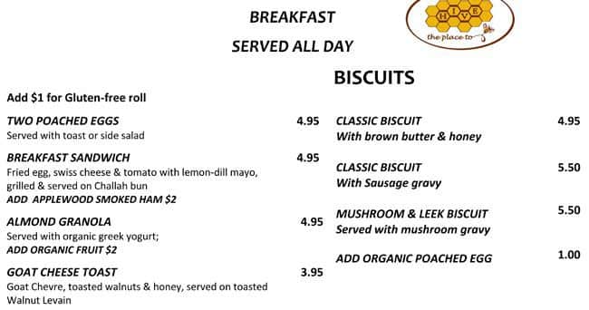 Menu at Hive cafe, Oakland