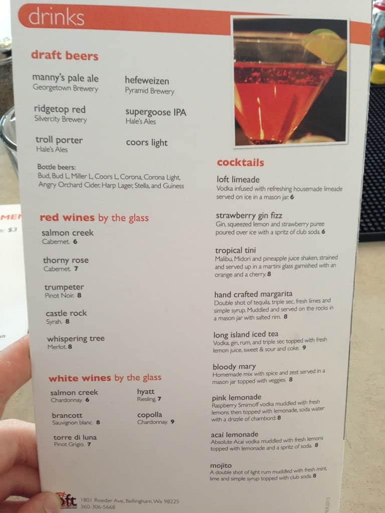 Menu at The Loft restaurant, Bellingham