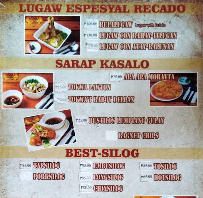 Menu at Old Manila, Cainta