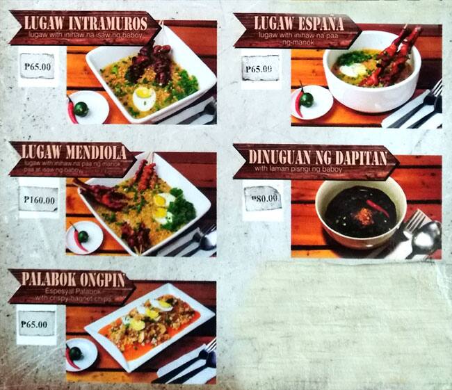 Menu at Old Manila, Cainta