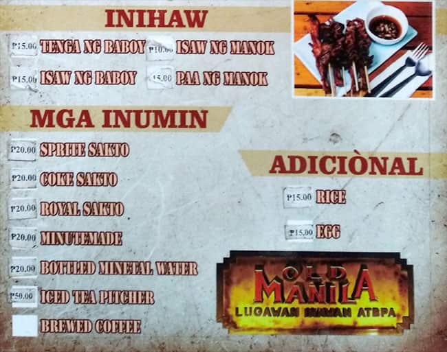 Menu at Old Manila, Cainta
