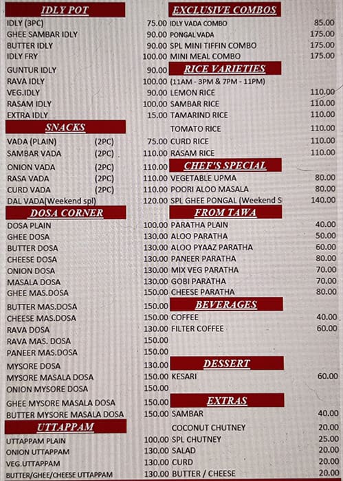 Menu of Dakshin Tadka, Sector 43, Gurgaon
