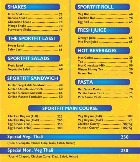 Menu of The Sportfit Cafe, Indirapuram, Ghaziabad