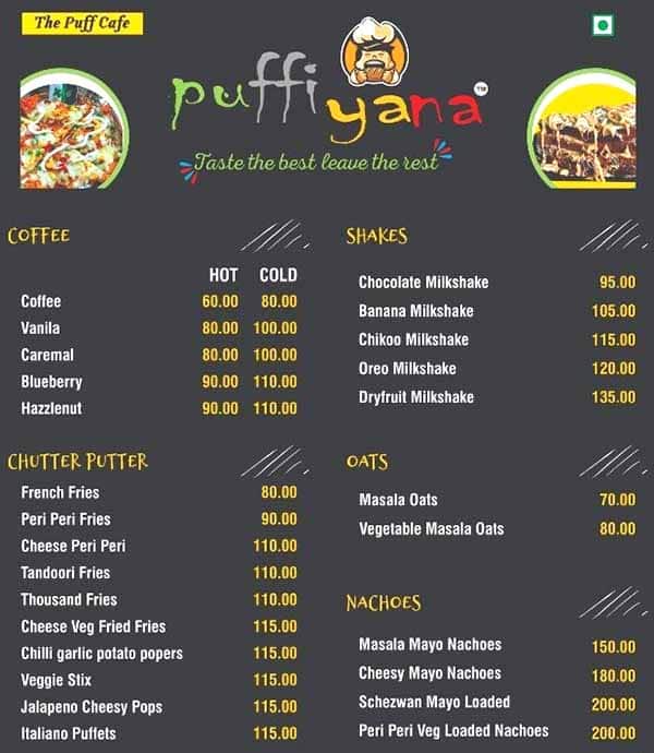 Menu at Puffiyana - The Puff Cafe, Ahmedabad