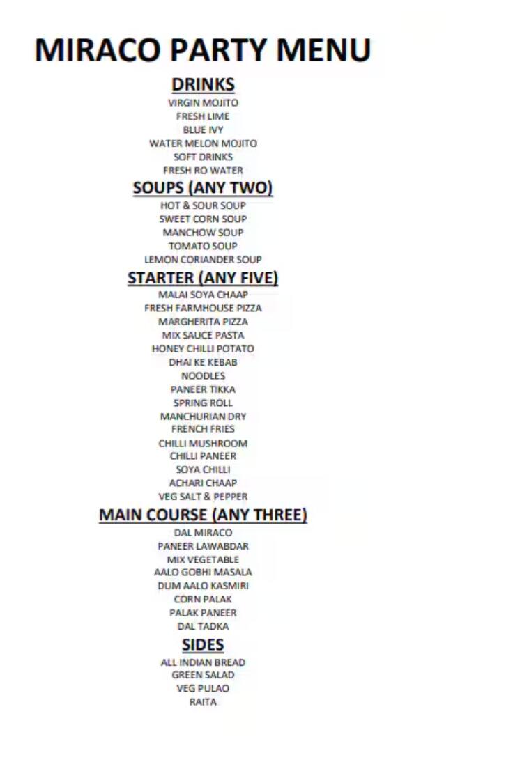 Menu of Miraco - Proudly Vegetarian, Paschim Vihar, New Delhi