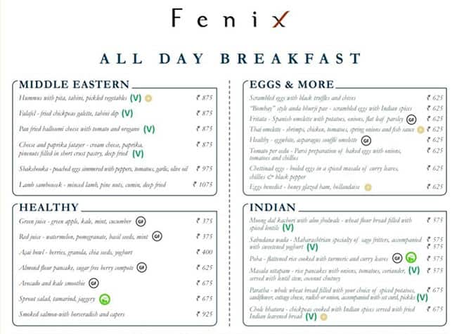 Menu of Fenix - The Oberoi Mumbai, Nariman Point, Mumbai