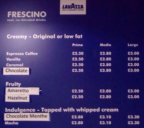 Menu at Mall Caffe cafe, London, Kings Mall
