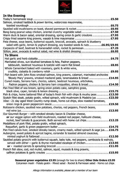 Menu at Old Plough pub & bar, Cobham