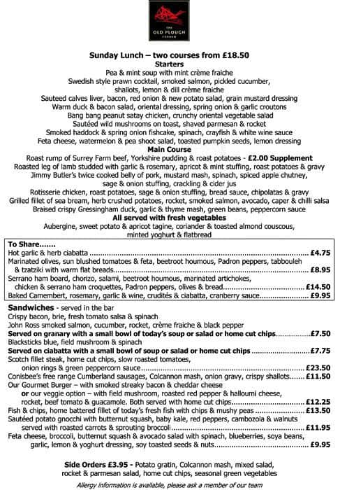 Menu at Old Plough pub & bar, Cobham