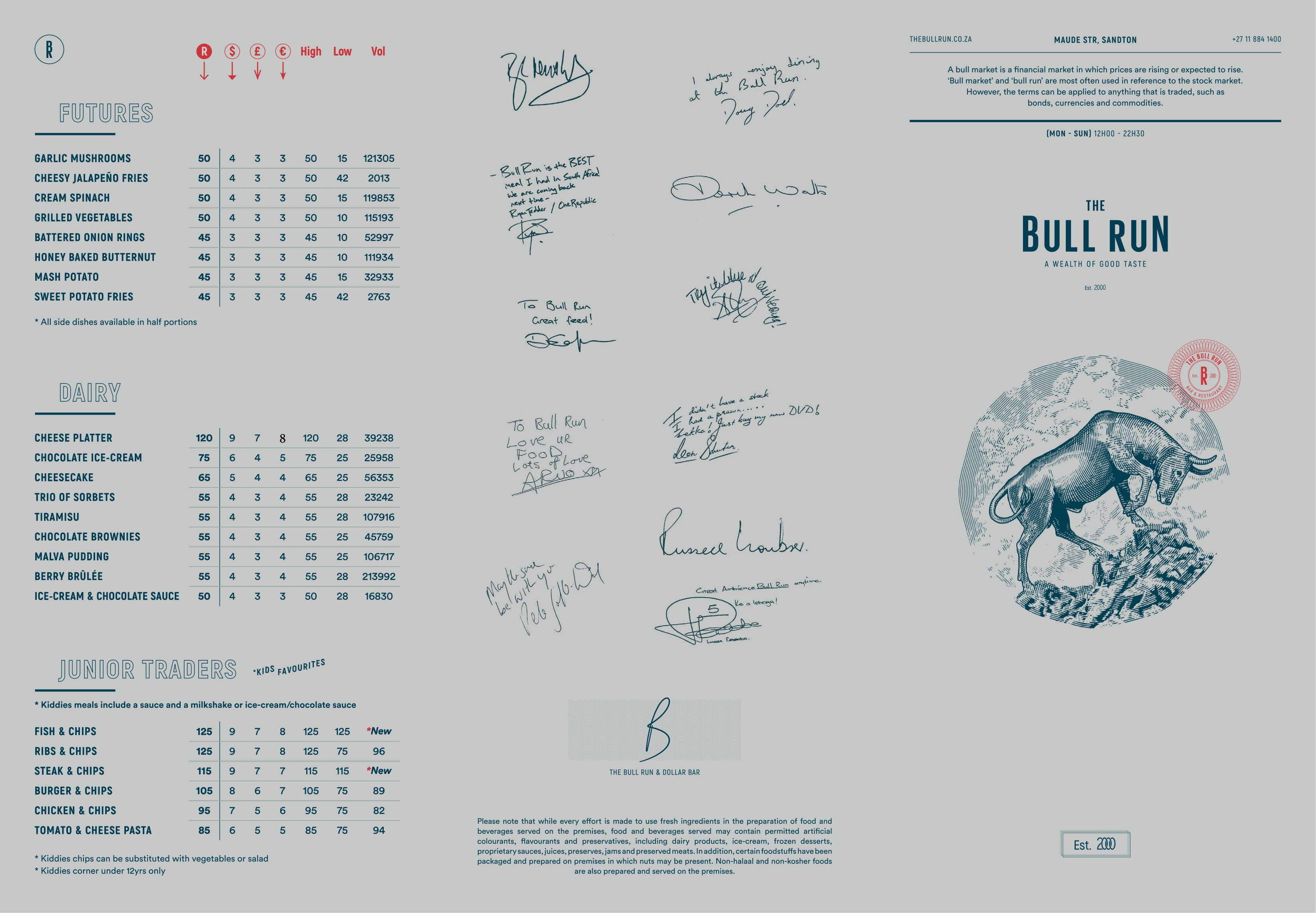 Menu at Bull Run restaurant, France