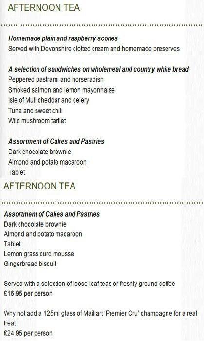 Menu at The Howard restaurant, Edinburgh