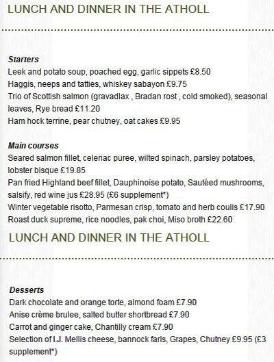 Menu at The Howard restaurant, Edinburgh