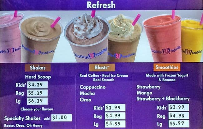 Menu at Baskin Robbins and Kernels Popcorn cafe, Toronto, Yonge St