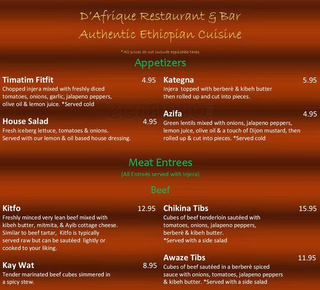 Menu at D'Afrique Restaurant & Bar, Ottawa, 164 Laurier Ave W
