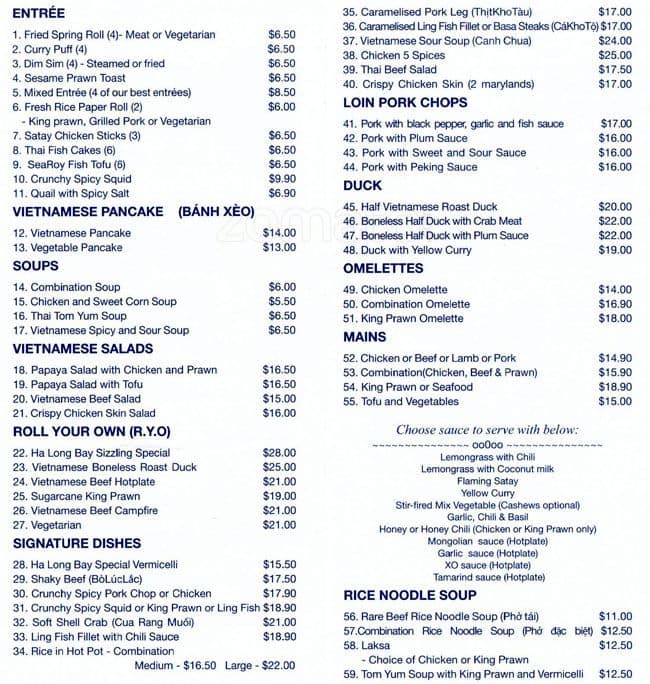 Menu at Ha Long Bay Restaurant, Riverwood