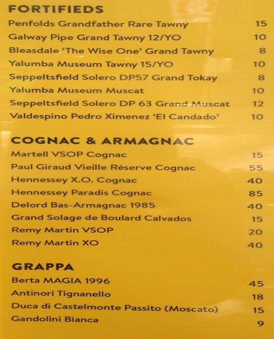 Menu at Society restaurant, Melbourne, 80 Collins St