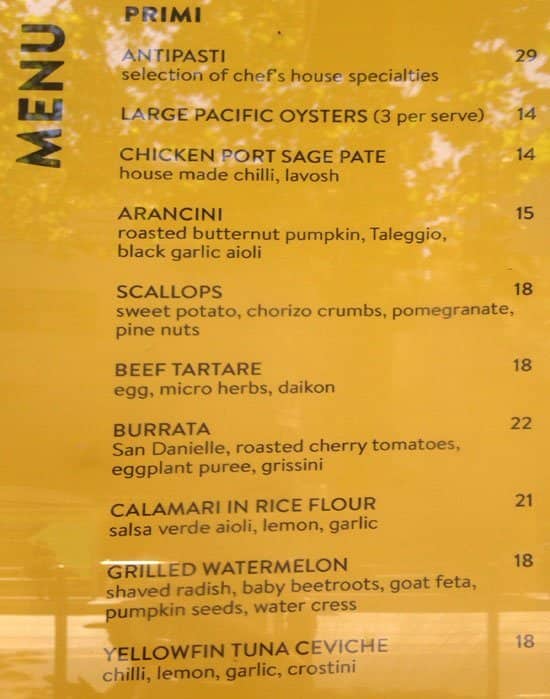 Menu at Society restaurant, Melbourne, 80 Collins St