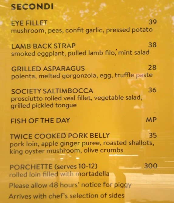 Menu at Society restaurant, Melbourne, 80 Collins St