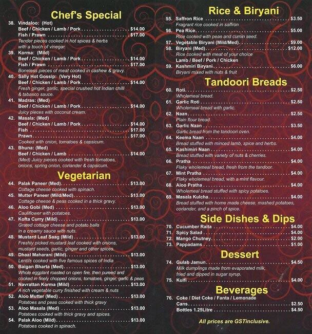 Menu at Hot Gossip restaurant, Boronia, 143 Boronia Rd