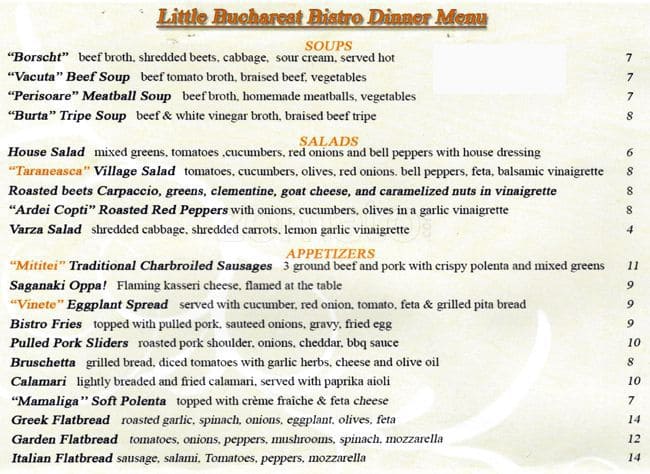 Menu at Little Bucharest Bistro restaurant, Chicago