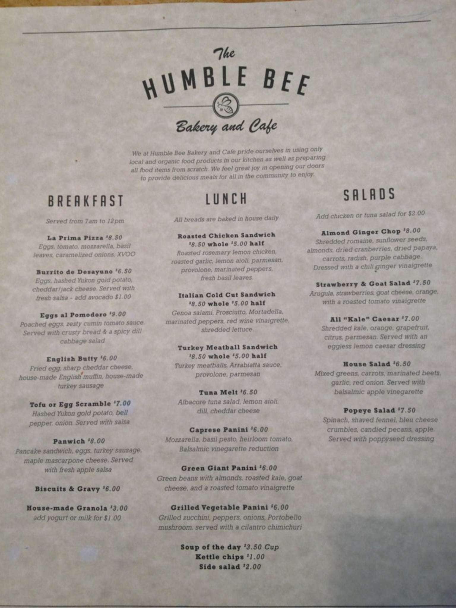 The Humble Bee Bakery & Cafe Menu - Urbanspoon/Zomato