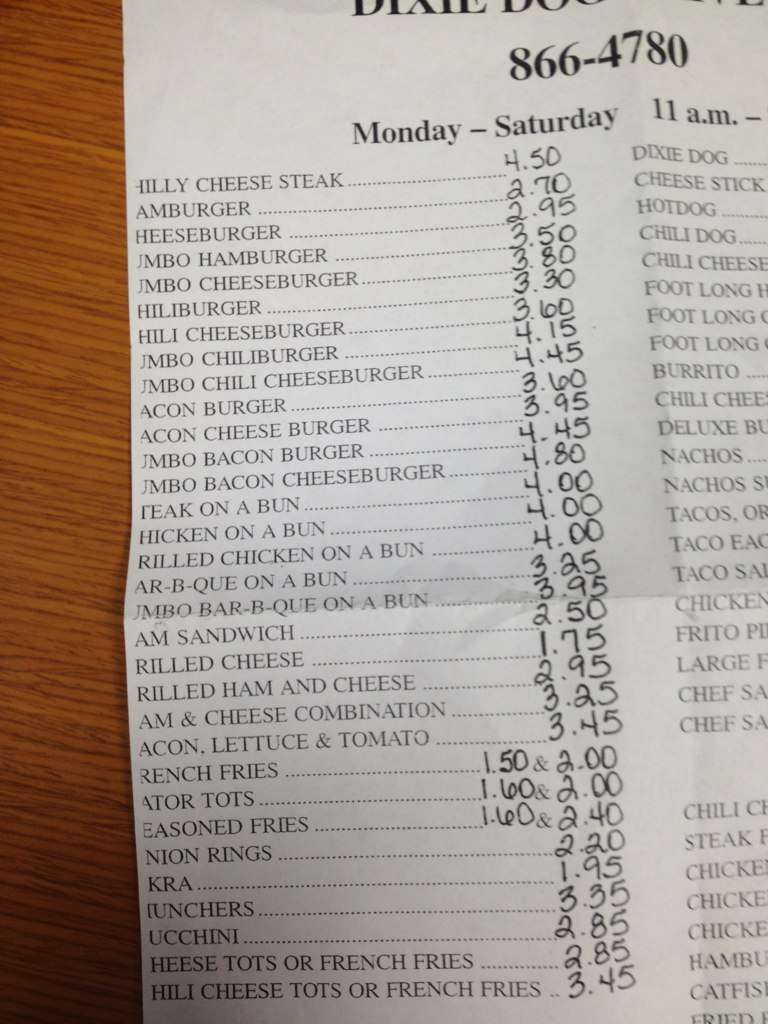 Menu at Dixie Dog Drive Inn restaurant, Wolfforth, 705 US-62 #82