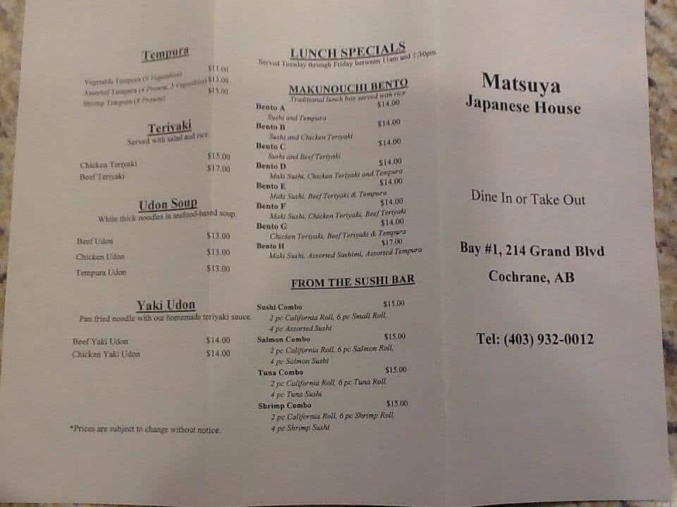 Menu at Matsuya Japanese House restaurant, Cochrane