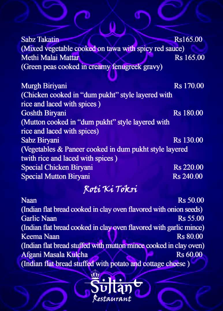 Menu at Sultan, Kolkata, 16A