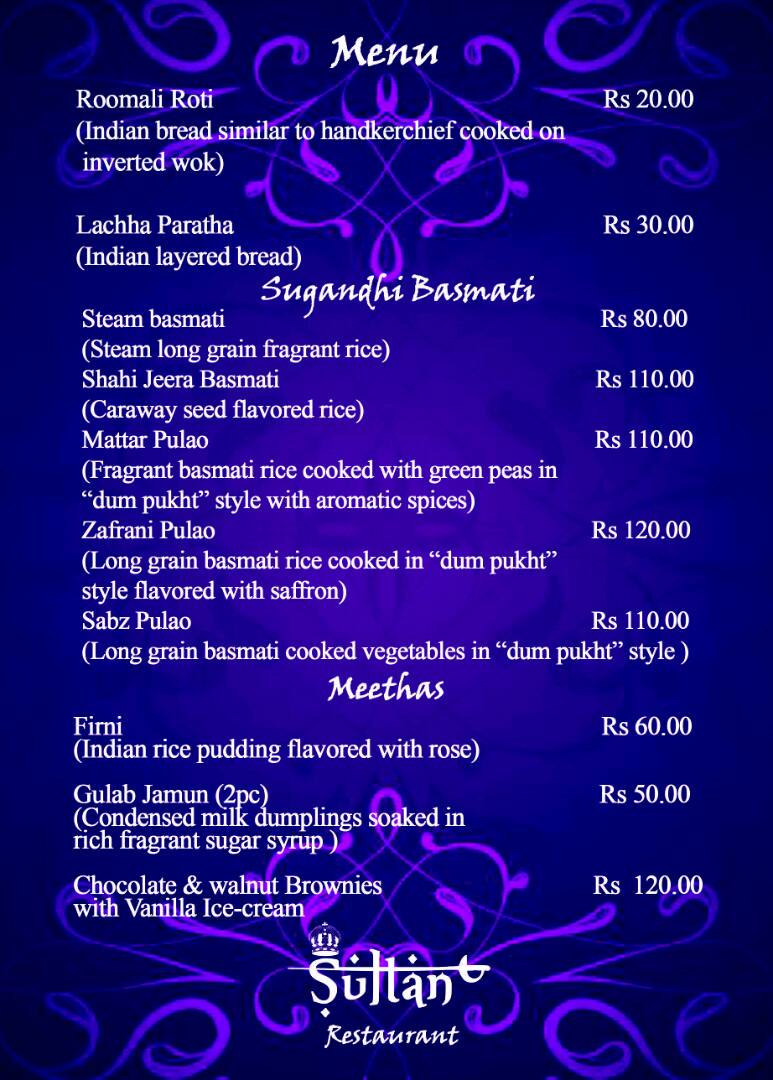Menu at Sultan, Kolkata, 16A