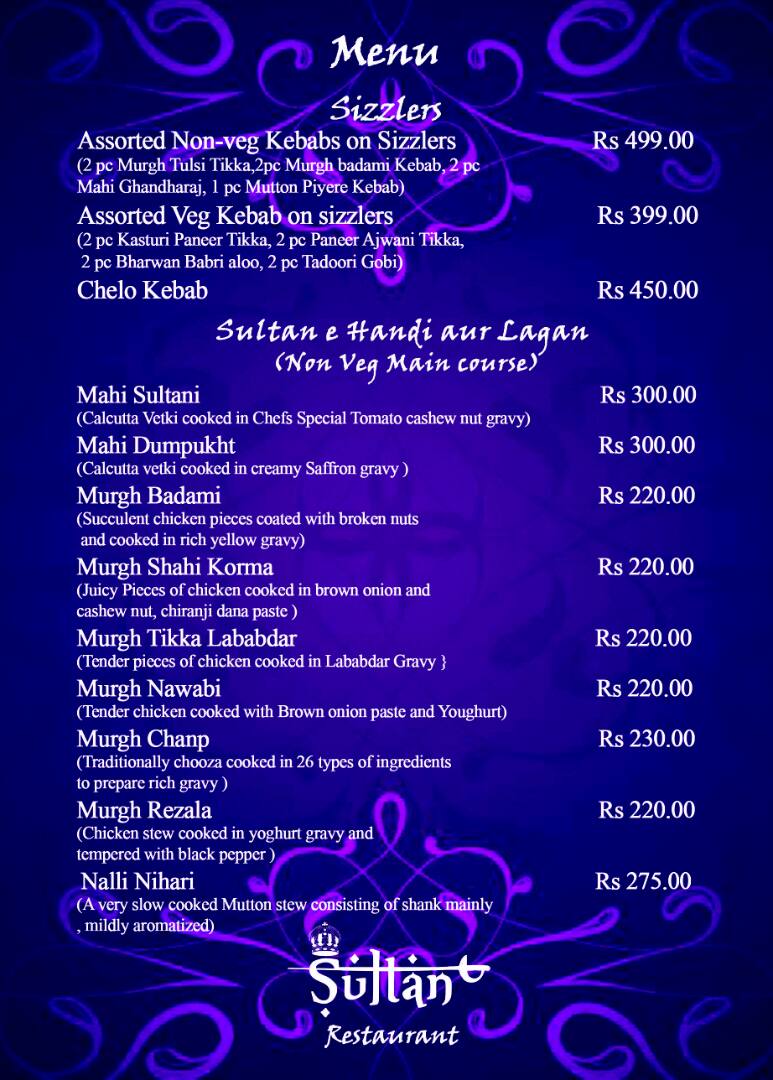 Menu at Sultan, Kolkata, 16A