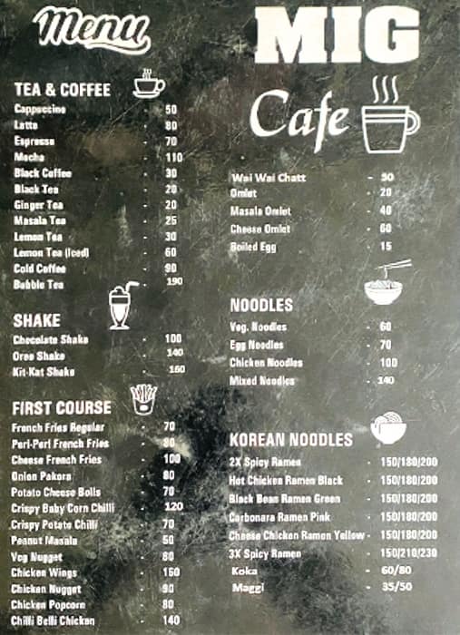 Menu at Mig Cafe, Siliguri