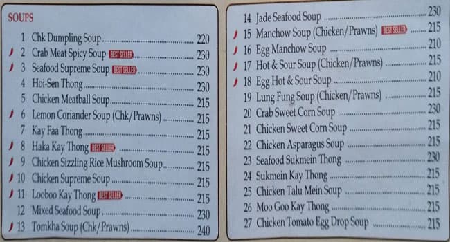 Menu of China Valley, Powai, Mumbai