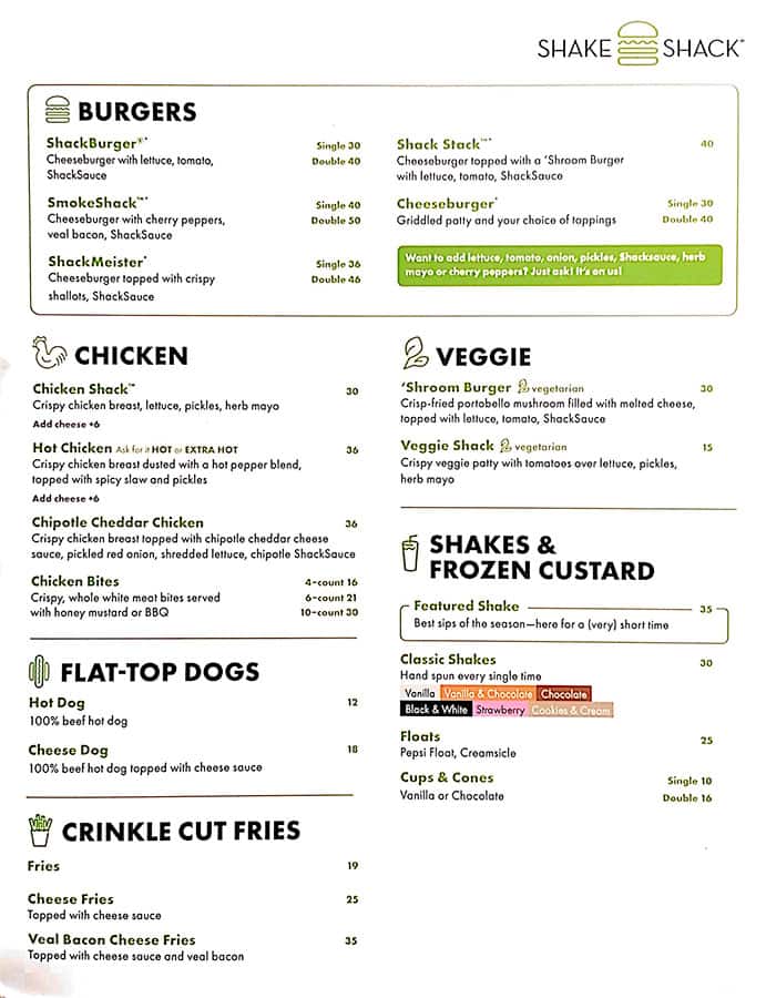 Menu of Shake Shack, Yas Island, Abu Dhabi