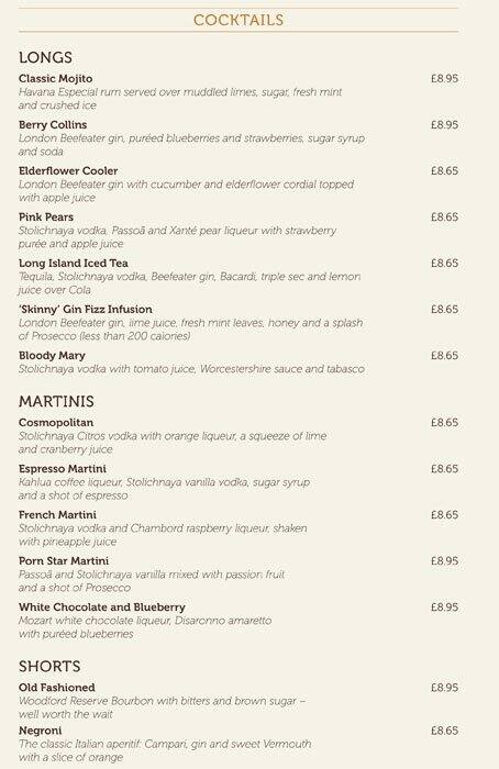 Menu at James Bar and Dining, London