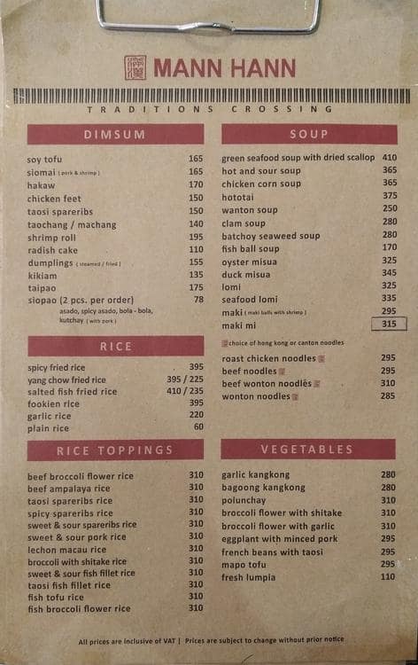 Carta del restaurante Mann Hann, Parañaque