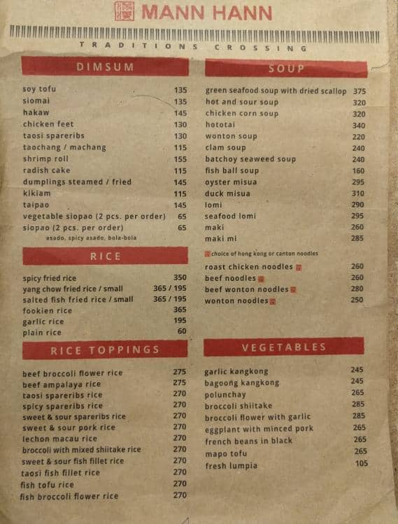 Mann Hann Menu, Menu for Mann Hann, Mall of Asia Complex (MOA), Pasay ...