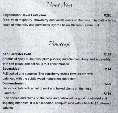 Menu at Cafe Picobella Trattoria, Johannesburg