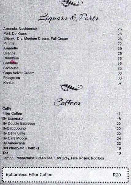 Menu at Cafe Picobella Trattoria, Johannesburg