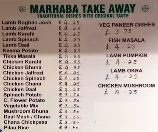 Menu at Marhaba Take Away restaurant, Manchester