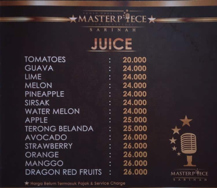 Carta de Masterpiece Bistro, Yakarta