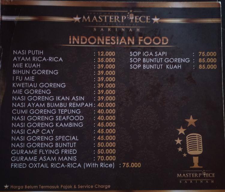 Menu at Masterpiece Bistro, Jakarta