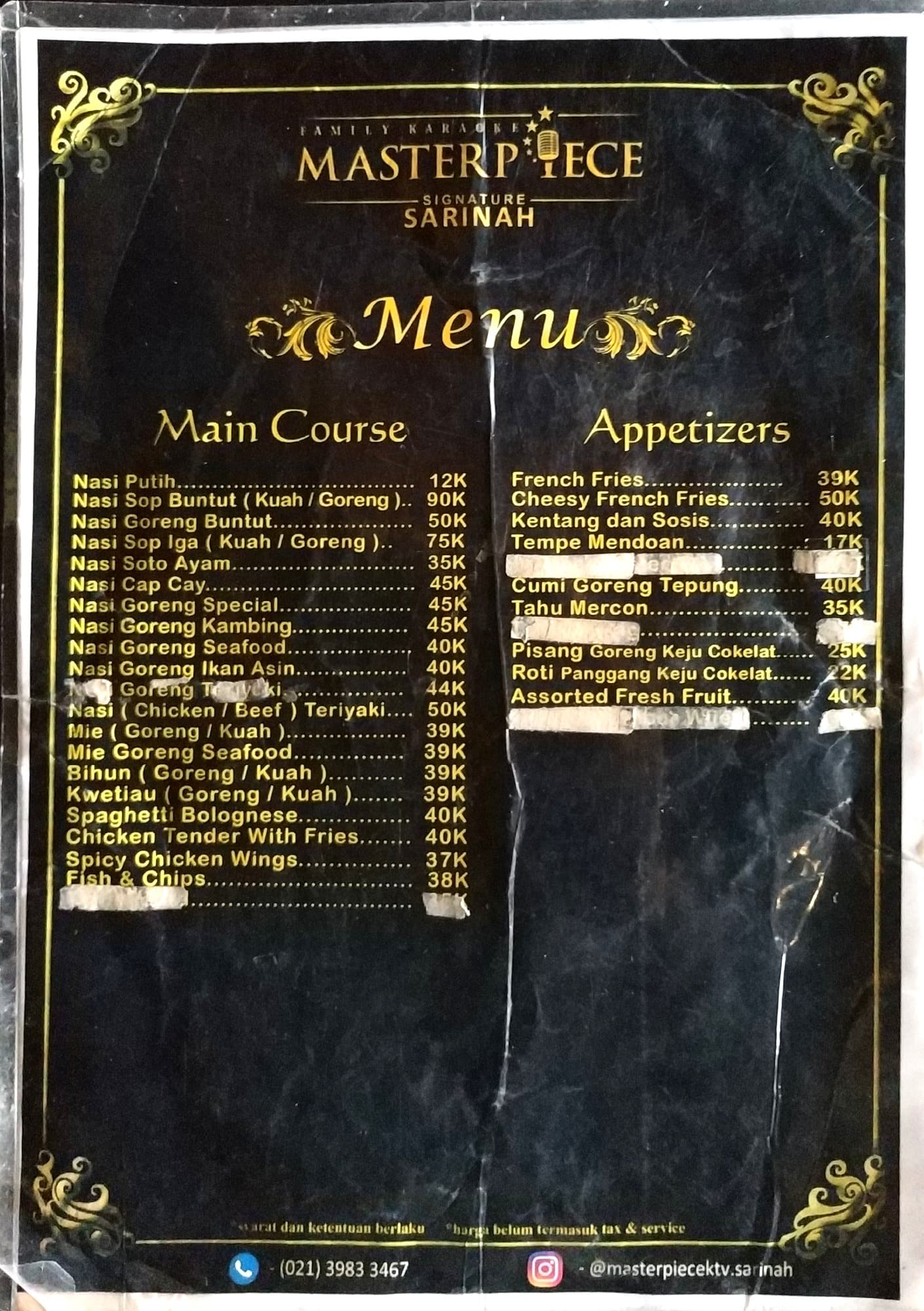 Carta de Masterpiece Bistro, Yakarta