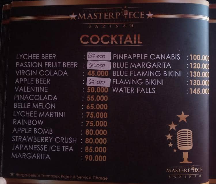 Carta de Masterpiece Bistro, Yakarta
