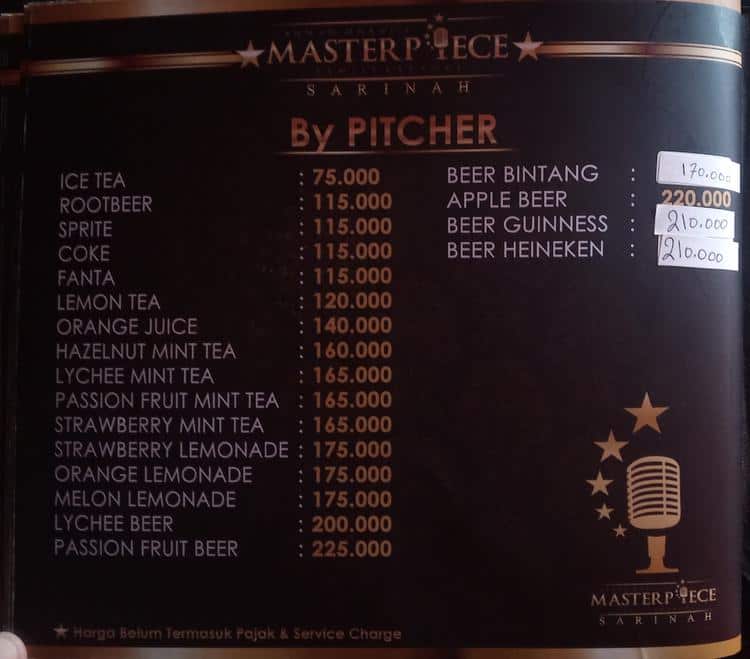 Carta de Masterpiece Bistro, Yakarta