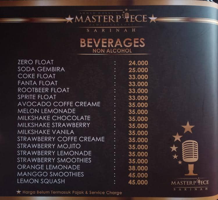 Carta de Masterpiece Bistro, Yakarta