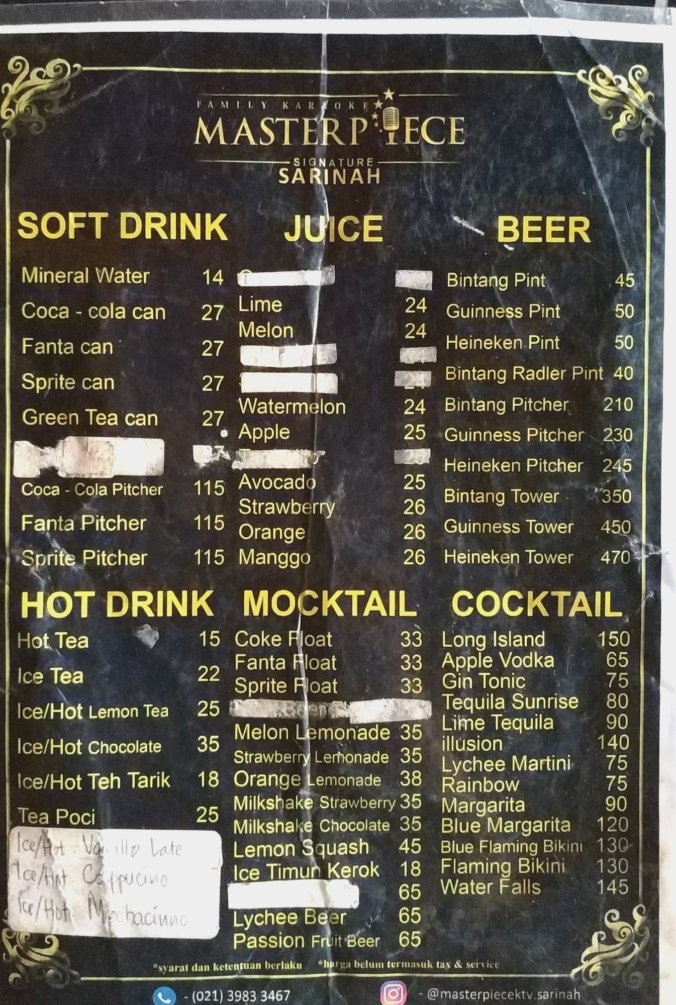 Carta de Masterpiece Bistro, Yakarta