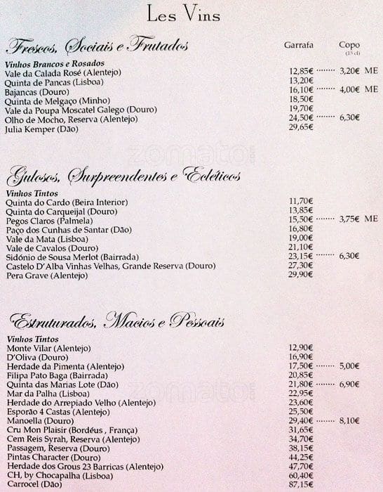 Menu at La Brasserie de L'Entrecôte Campo Pequeno, Lisbon